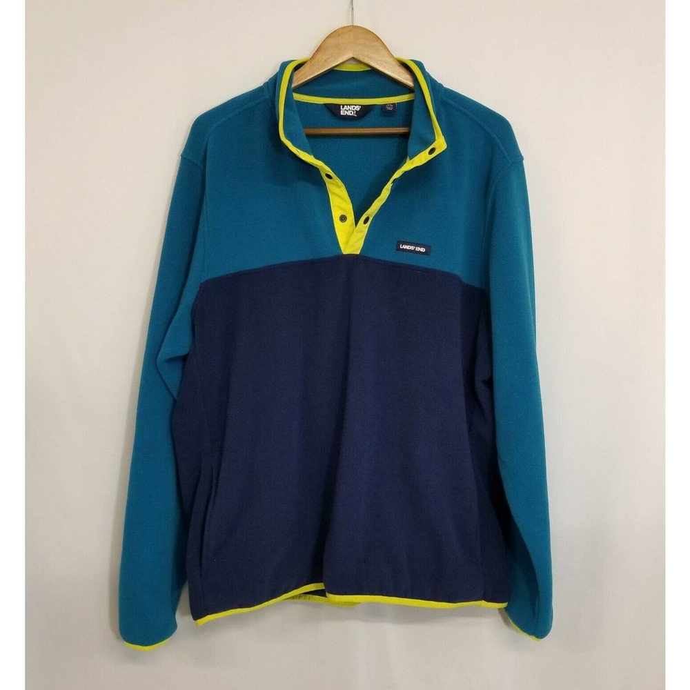 Lands' End Heritage Colorblock Navy Teal Snap Neck Pu… - Gem